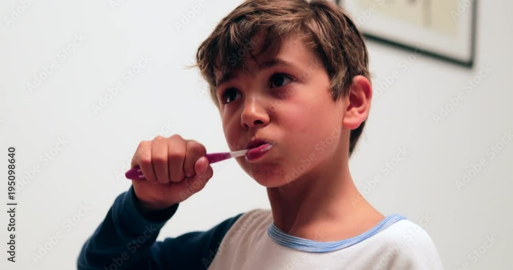 Child brushing teeth in 4K. Young boy brushes teeth before going to ...