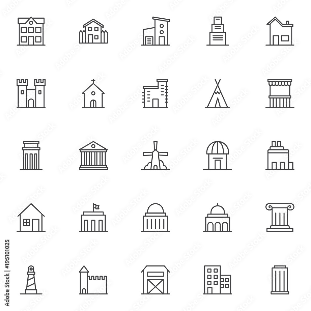 Vektorová grafika „Landmarks and building outline icons set. linear ...