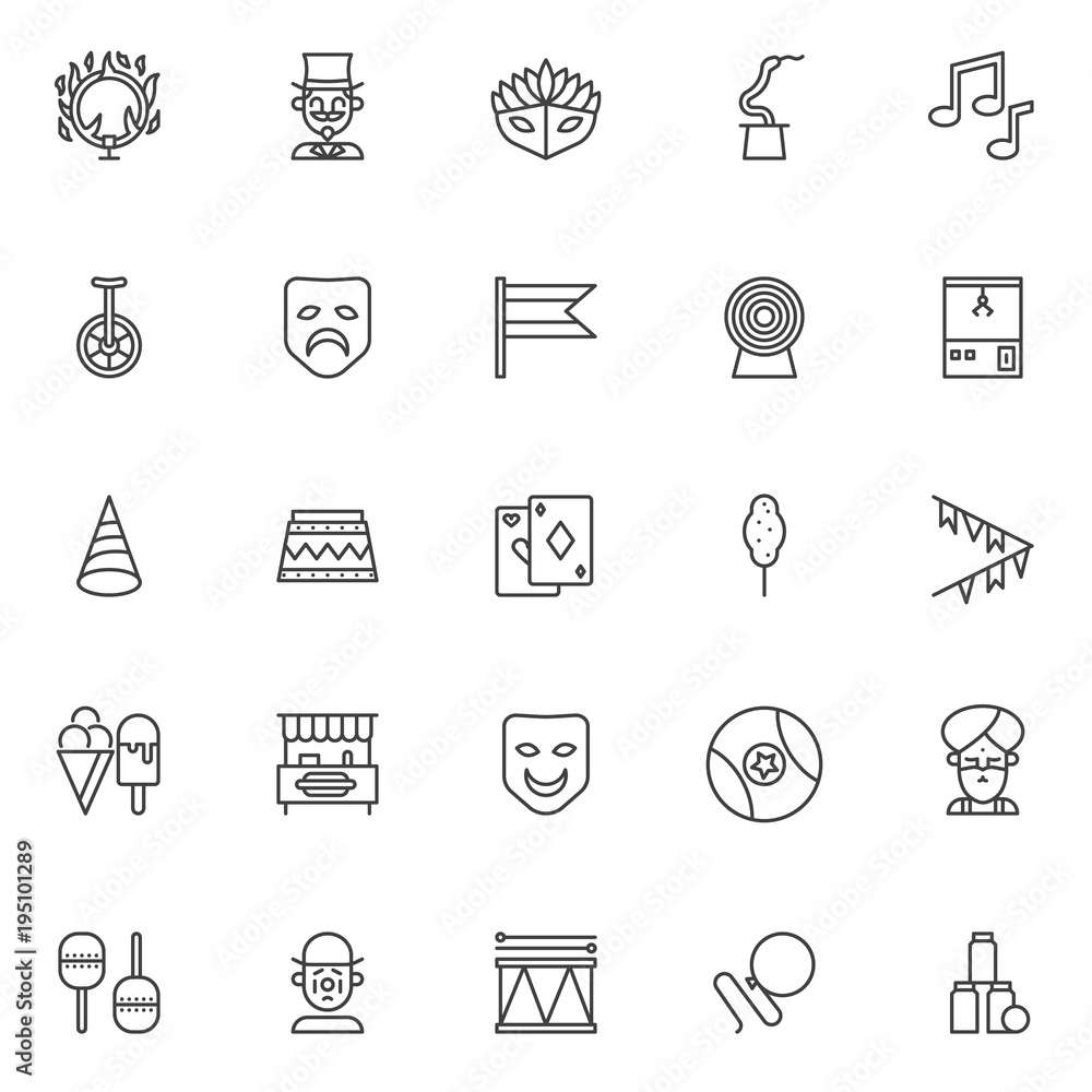 Circus elements outline icons set. linear style symbols collection ...