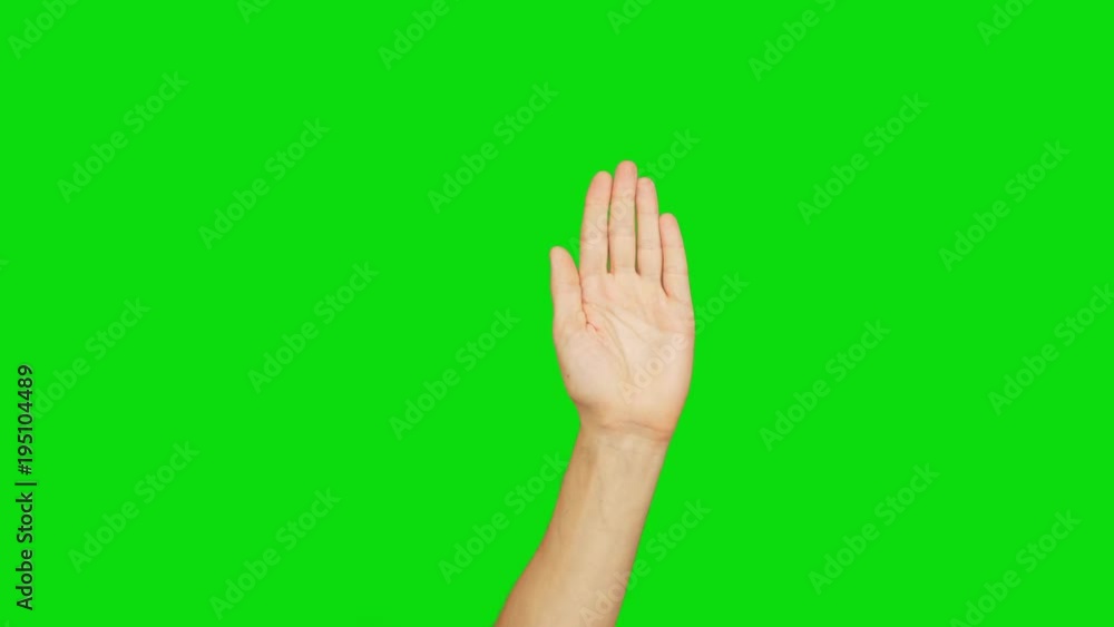 Stockvideon White man left hand raised on a green background. Palm of ...