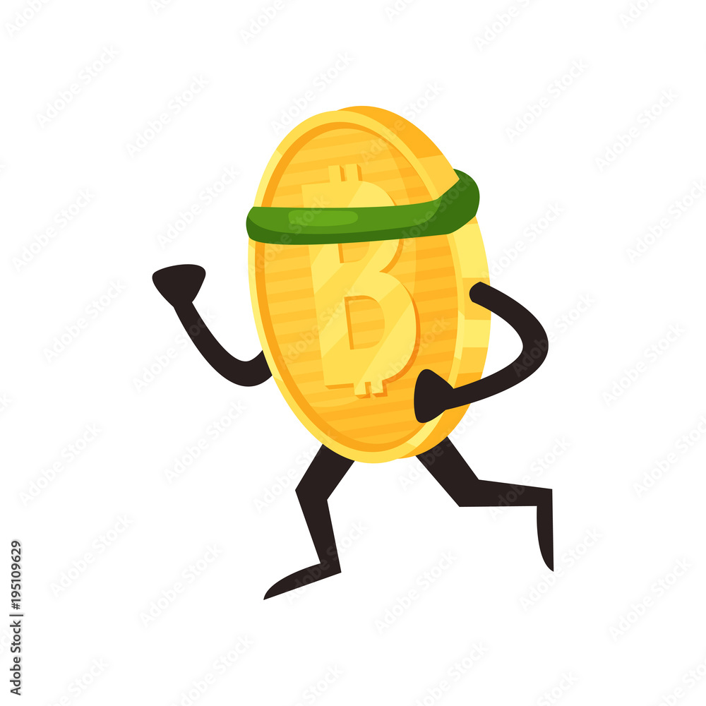 Cartoon golden coin with green sport headband. Humanized bitcoin ...