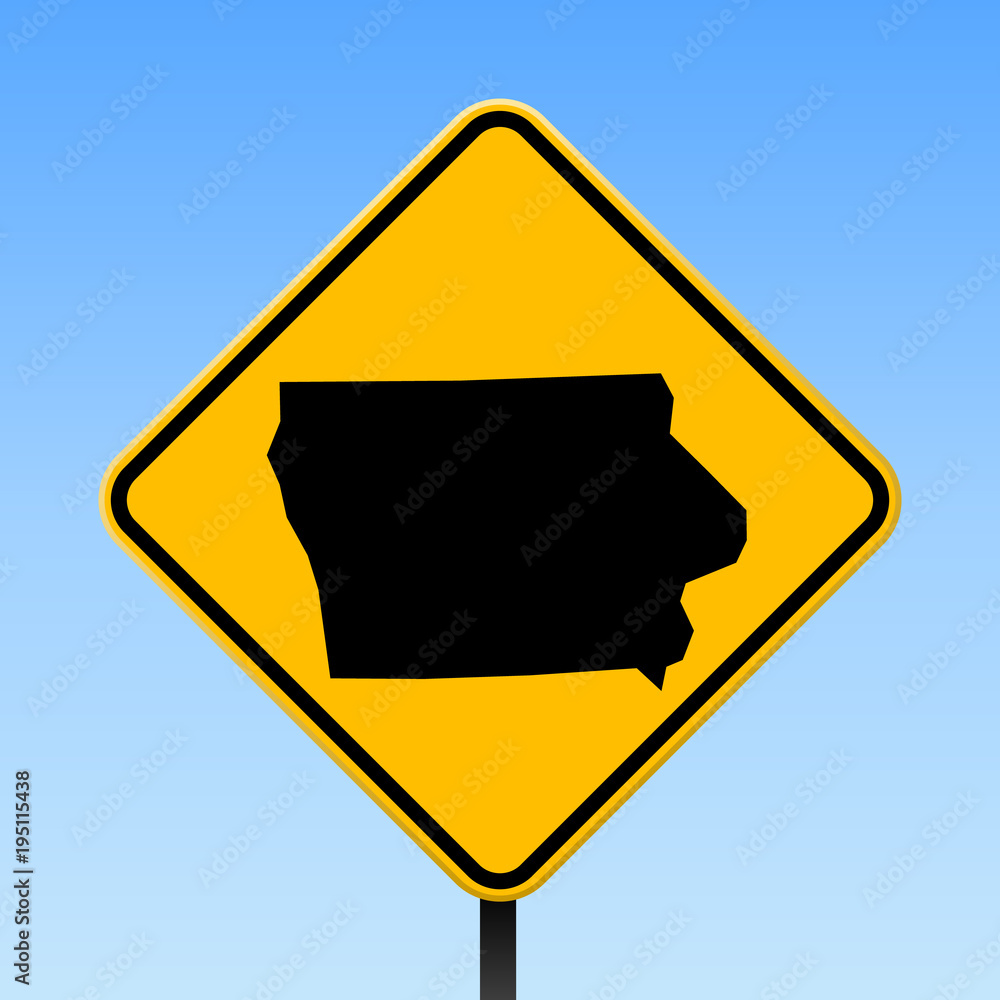 Iowa map on road sign. Square poster with Iowa us state map on yellow ...