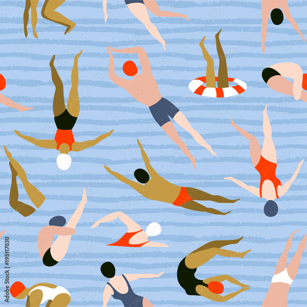 People swimming pattern. Summer seamless background. Summertime vector ...