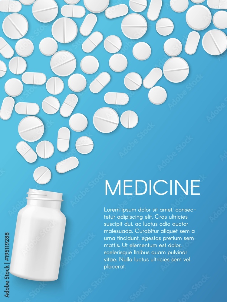 Vector realistic pills and capsules banner. Medicines, tablets ...