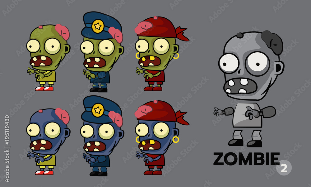 Zombie character cartoon style sprites set, runner, police and pirate ...