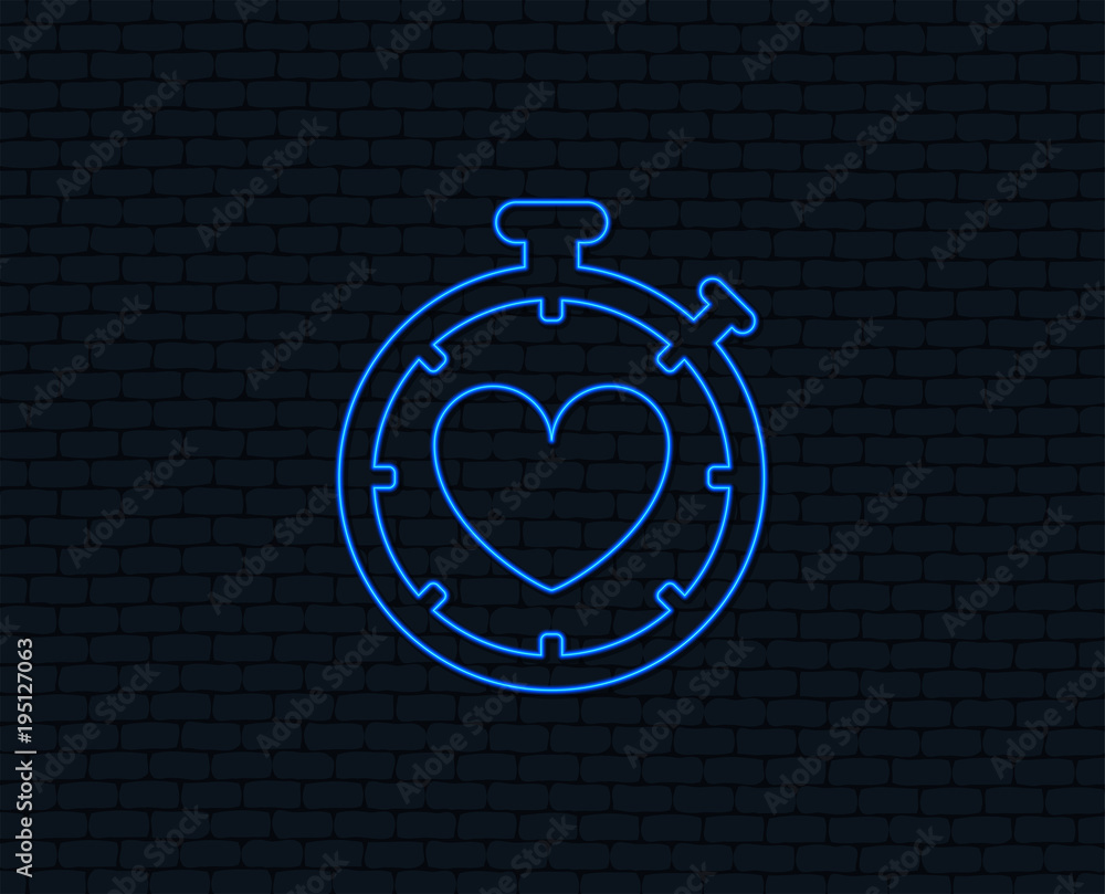 Neon light. Heart Timer sign icon. Stopwatch symbol. Heartbeat ...