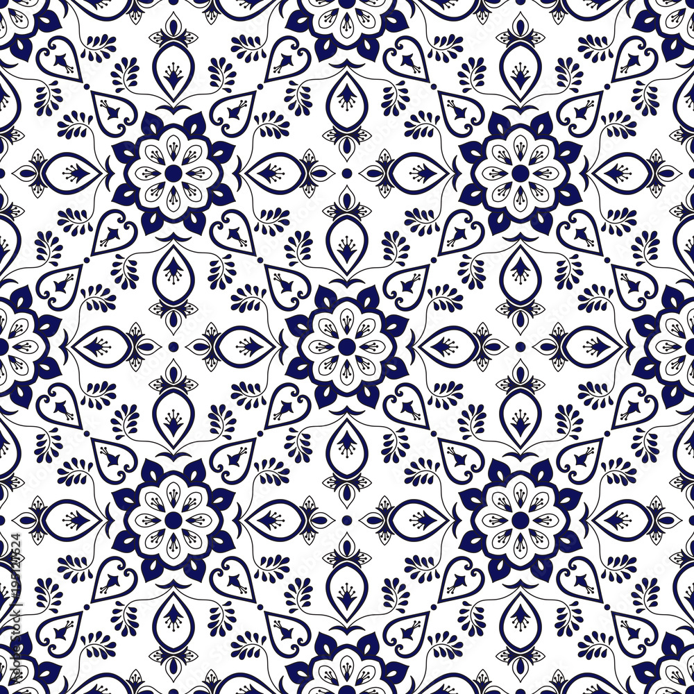 Spanish tile pattern vector with blue and white ornaments. Portuguese ...