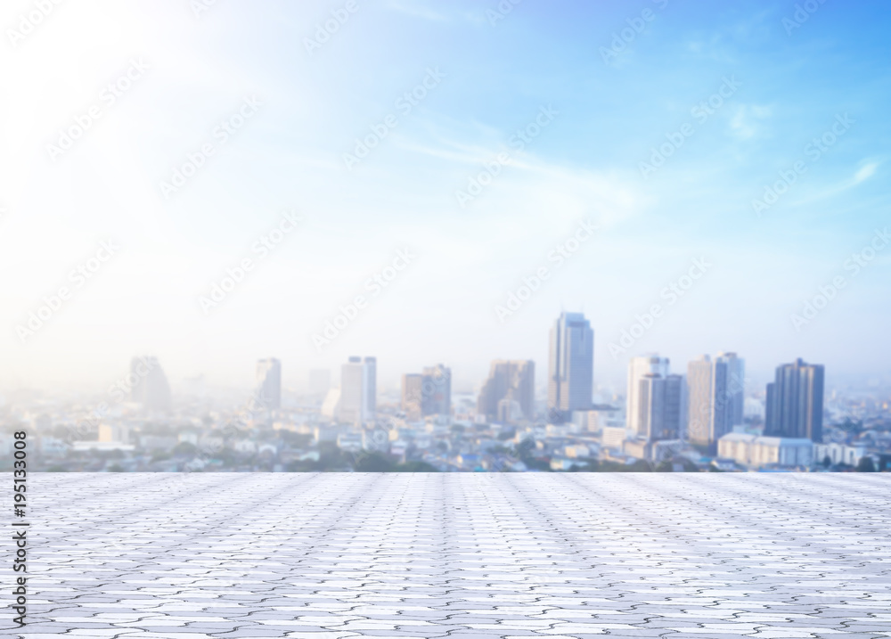 Skyscraper day concept: Stone terrace at rooftop with abstract blur ...