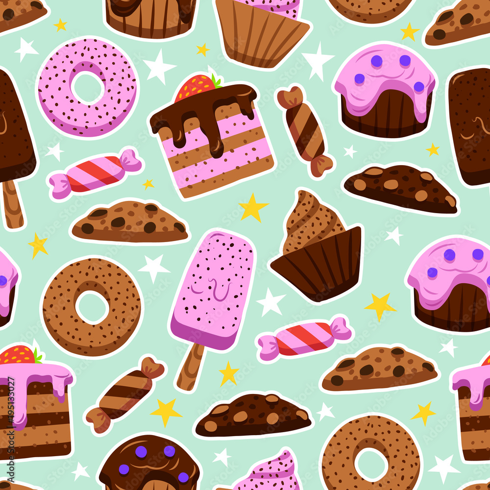 Vector seamless pattern of sweets in the doodles style. Wallpaper of ...