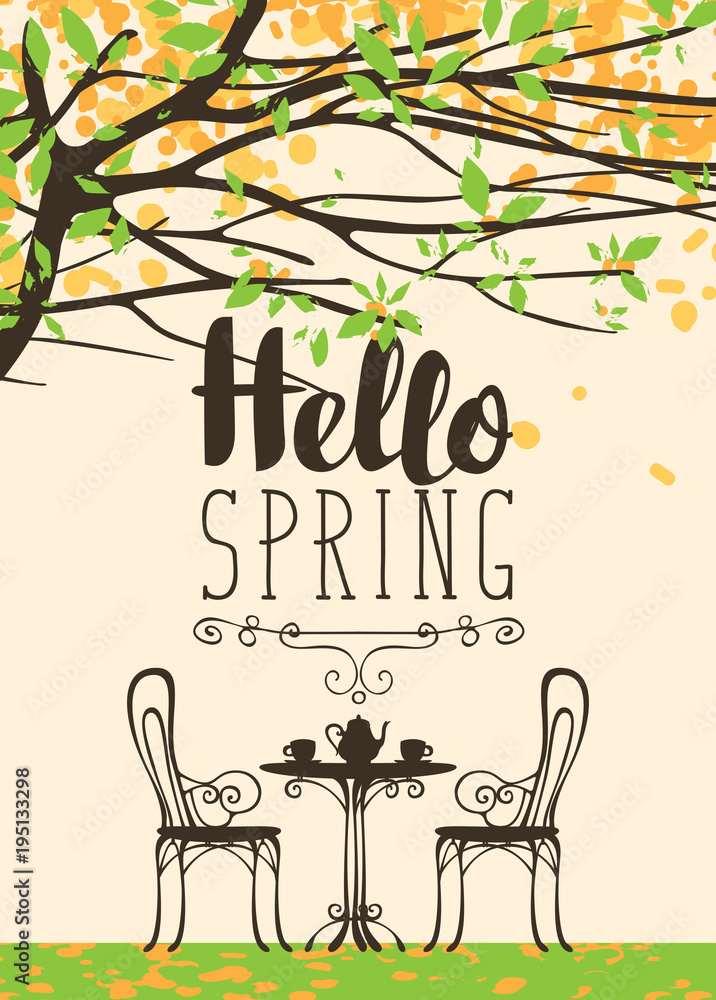 Vector landscape with the inscription Hello Spring in retro style ...