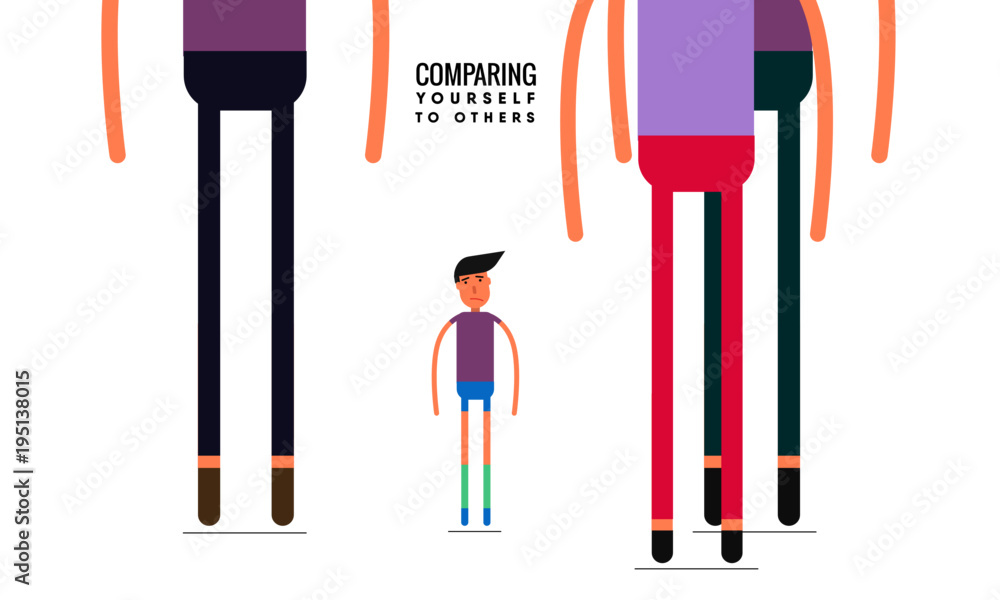 Comparing to others. stop comparing. sad boy character standing amidst ...