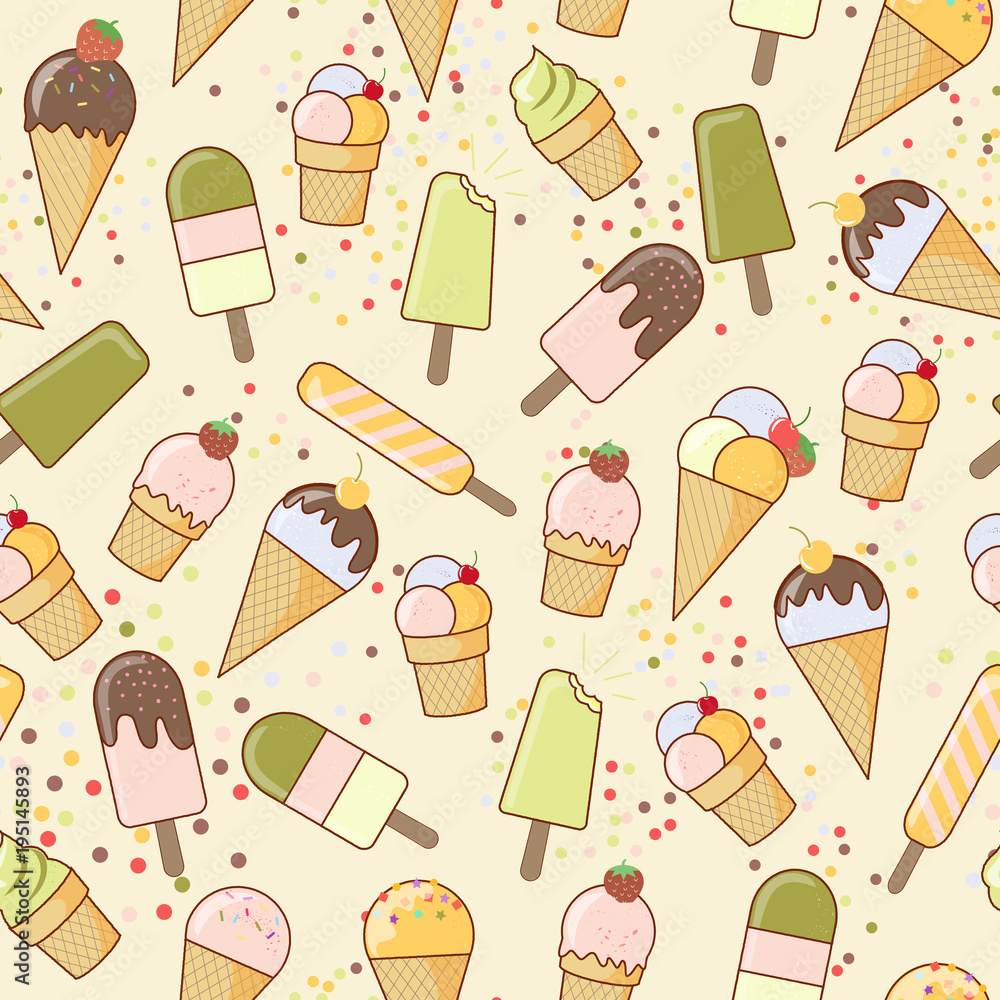 Ice cream cone seamless pattern on light yellow background and color ...