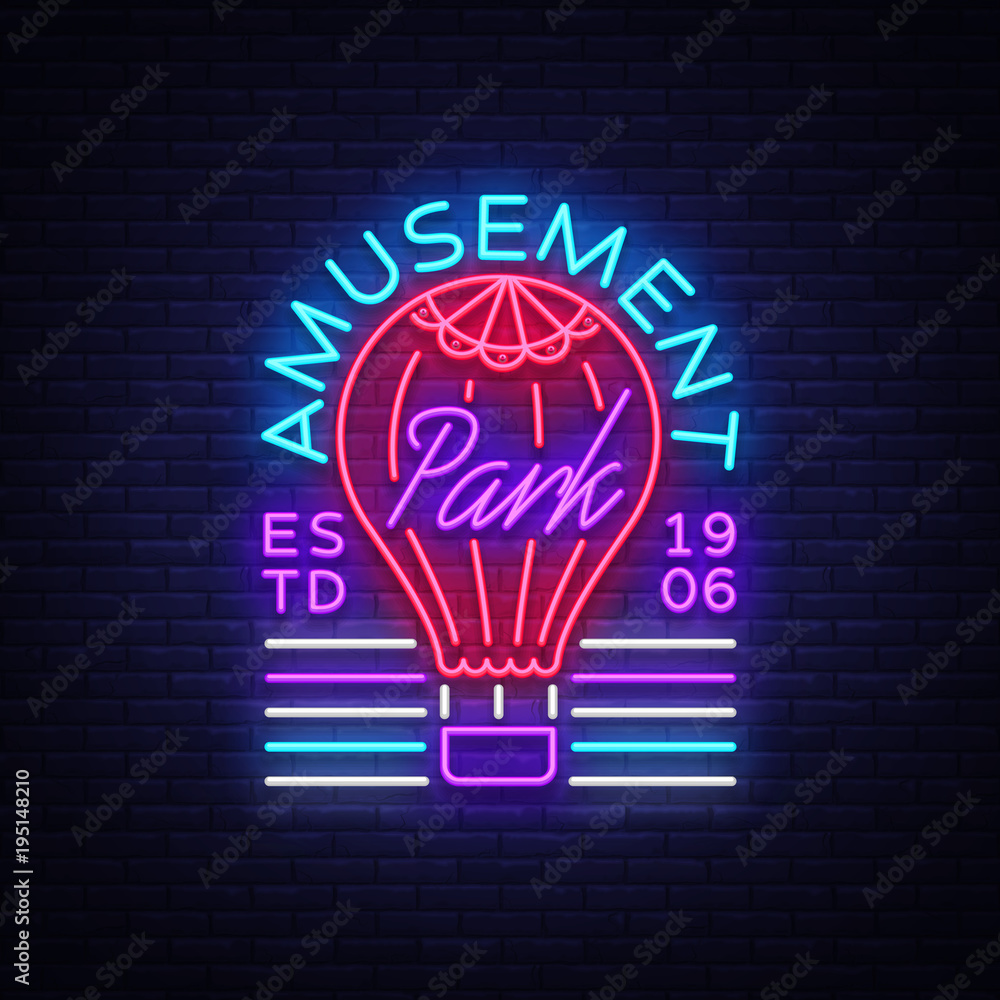 Amusement Park logo in neon style. Design template with a balloon. Neon ...