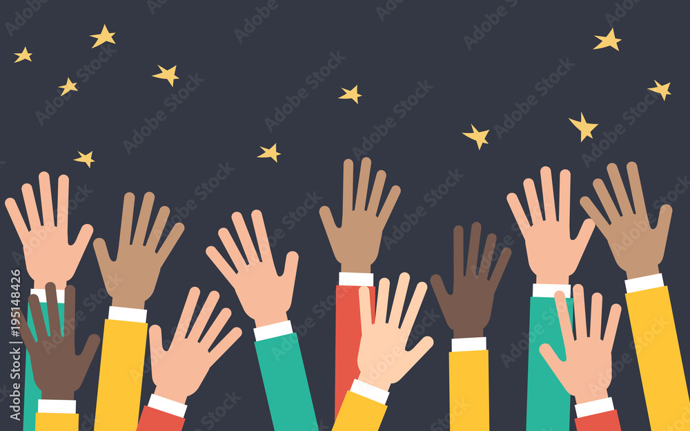 Arms of business people raised up in the air, supportive crowd, flat ...