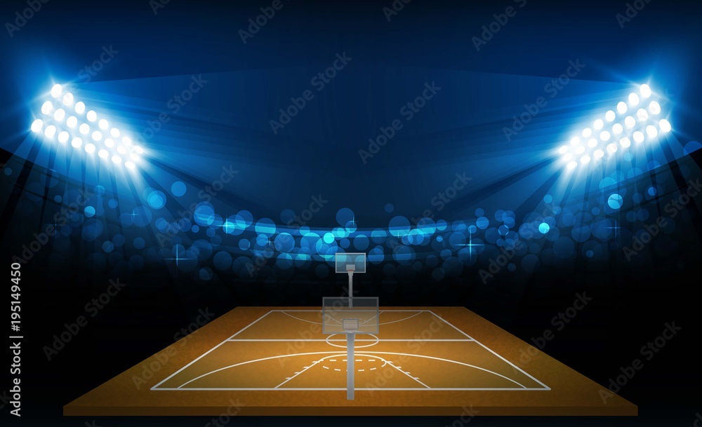 Basketball arena field with bright stadium lights design. Vector ...