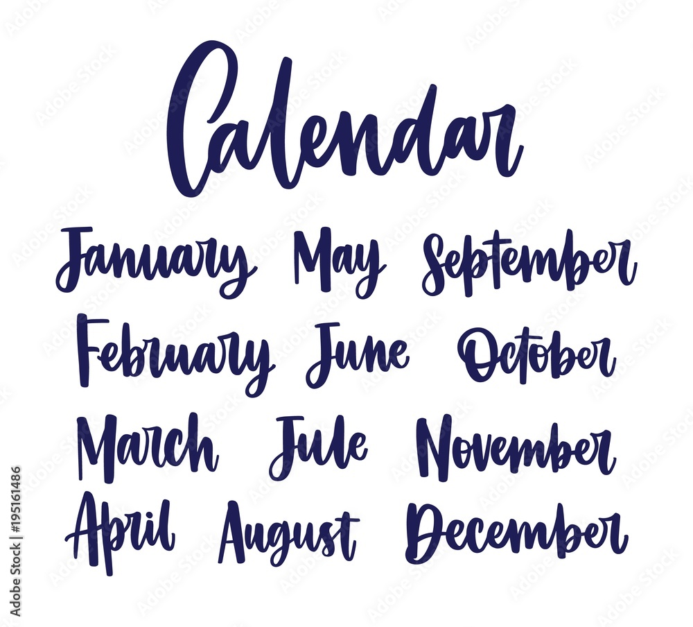 Collection of names of months handwritten with elegant calligraphic ...