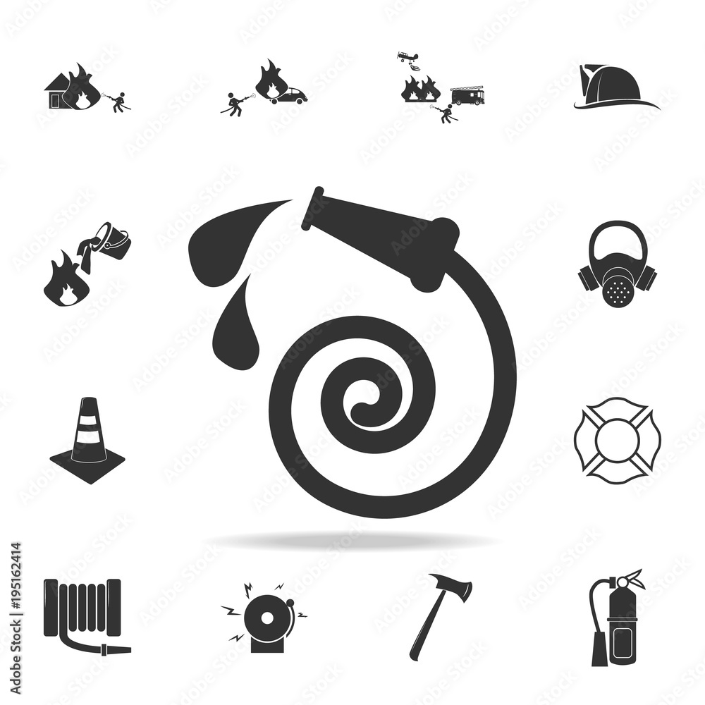 Fire hose with water drops icon. Detailed set icons of firefighter ...