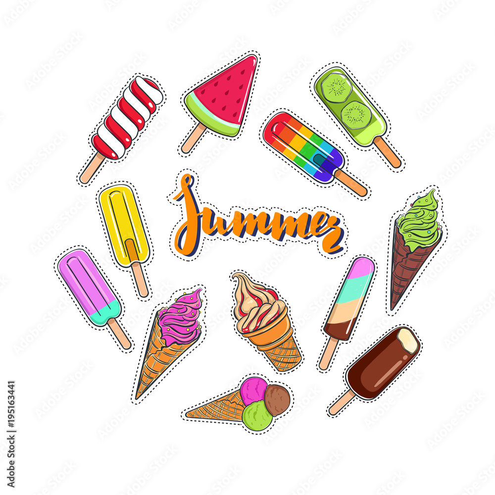 Ice cream vector collection. Colorful isolated Stickers. Summer hand ...