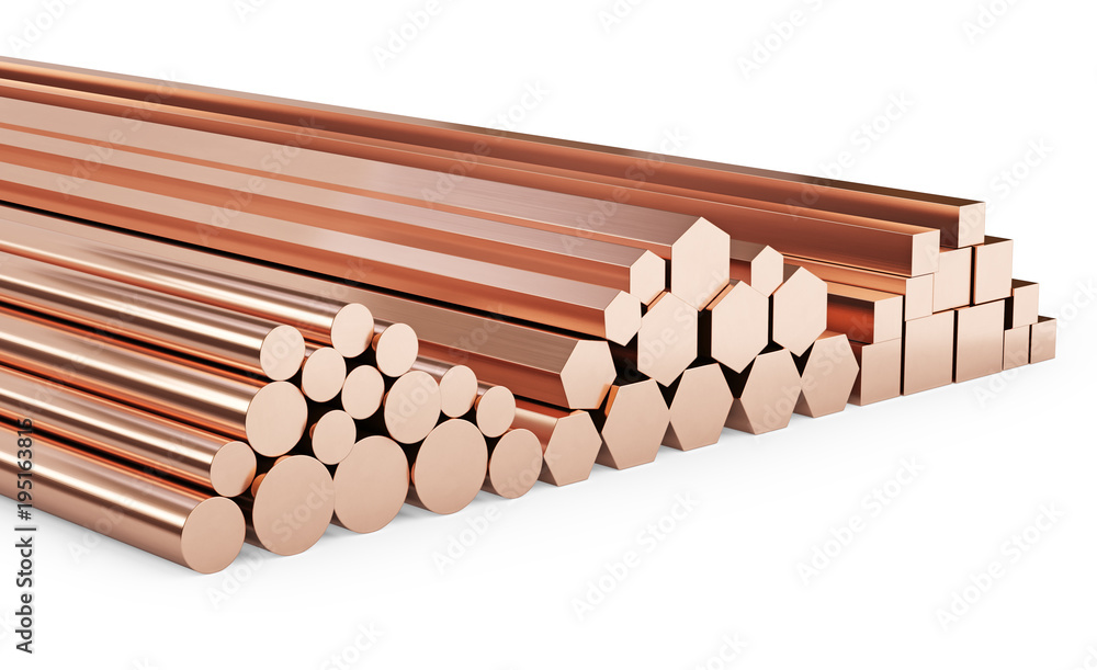 Set of copper rods of different types. Round, square, hexagonal rolled ...