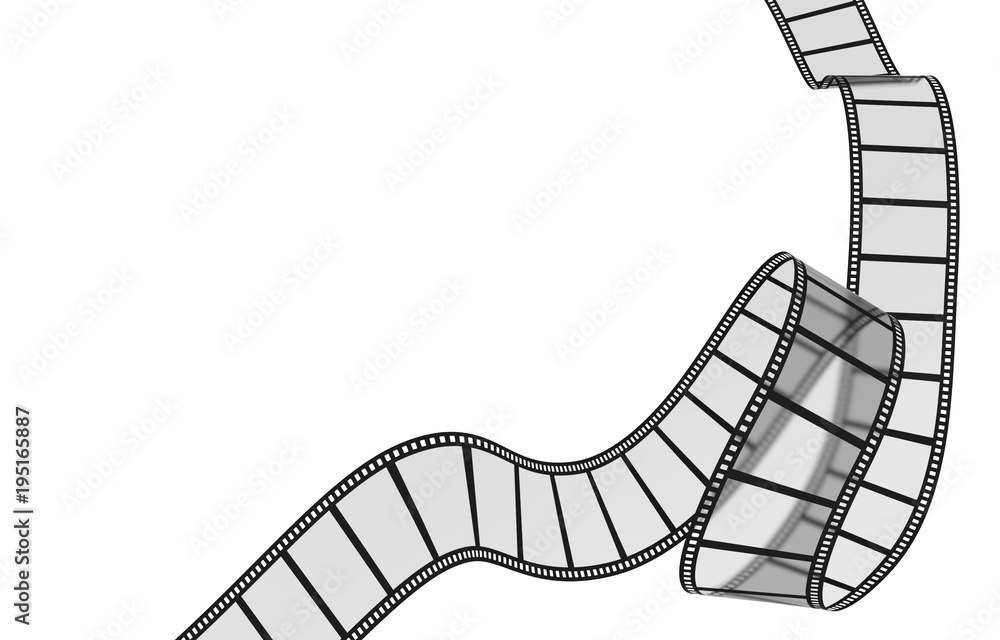 Camera film strip waving isolated on white- cinema background. 3d ...
