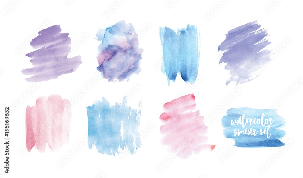 Set of smudges or smears hand painted with watercolor isolated on white ...