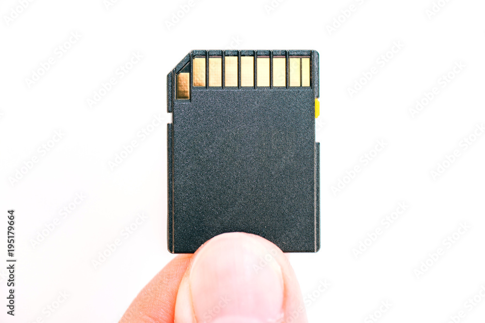 male hand holding sd memory card. Isolated on white background Stock ...