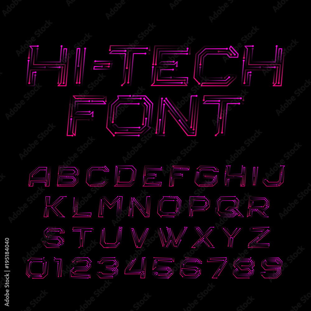 Hi-Tech alphabet font. Circuit effect letters and numbers. Stock vector ...