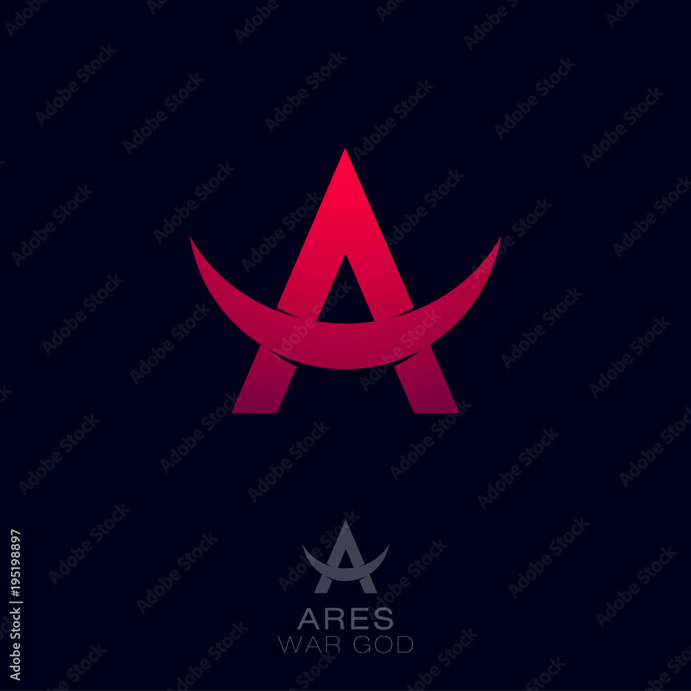 Ares logo. Greek war god of the emblems. Red letter A with bull horns ...