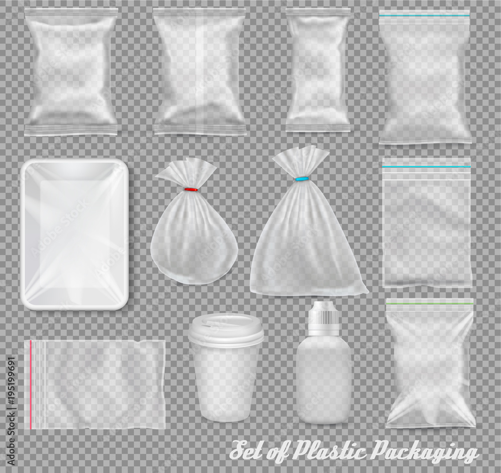 Big set of polypropylene plastic packaging - sacks, tray, cup on ...