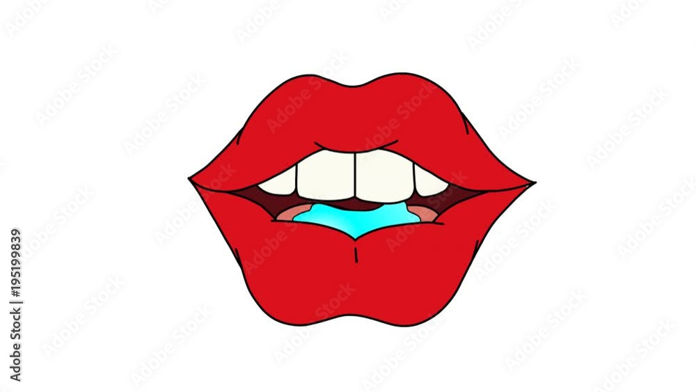 Lips Gum Animation. Hand drawn animated lips chew gum and blow bubbles ...