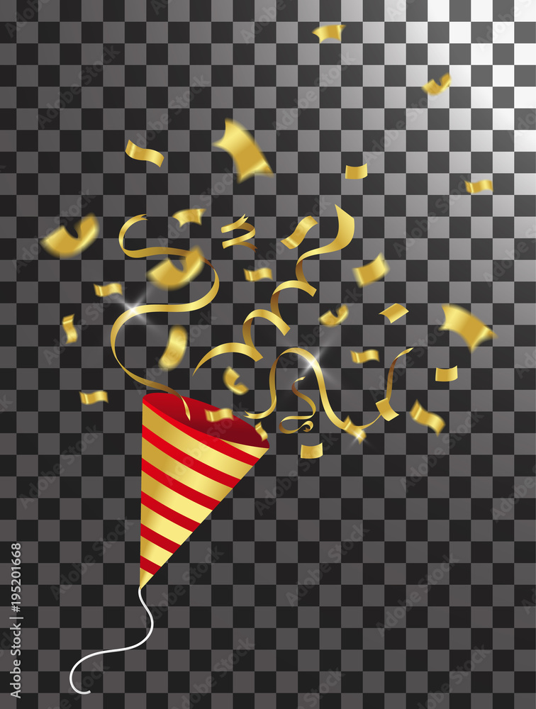 Exploding party popper with confetti and streamer on transparent ...