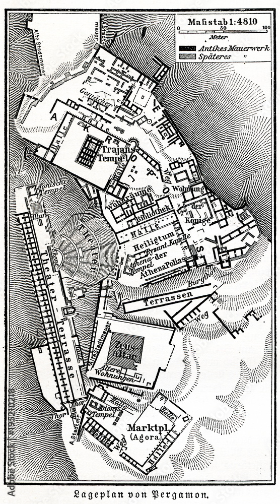 Plan of Pergamon, ancient greek city in Aeolis (from Meyers Lexikon ...