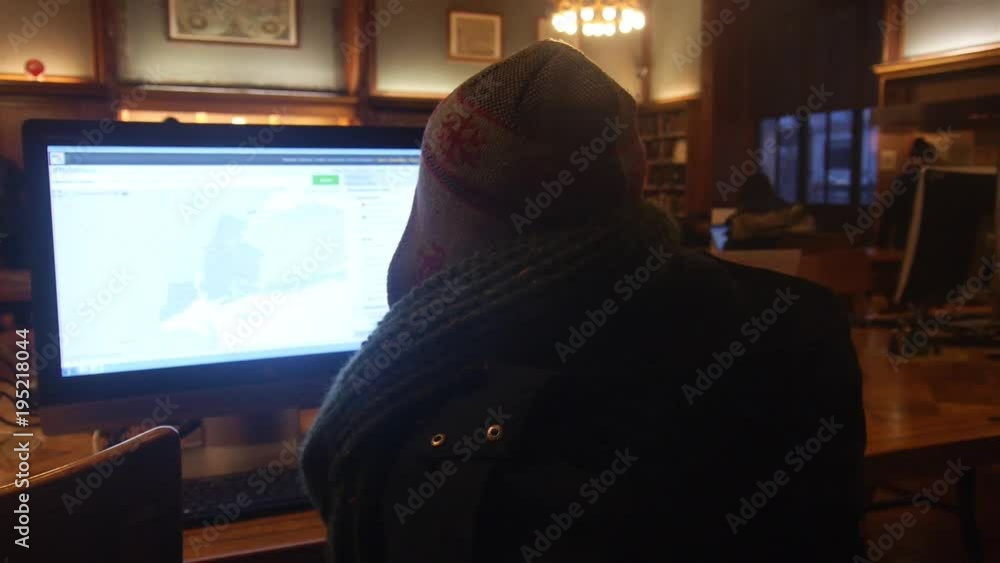 Woman With Bonnet And Jacket Using Library Computer - Slide - Right To ...