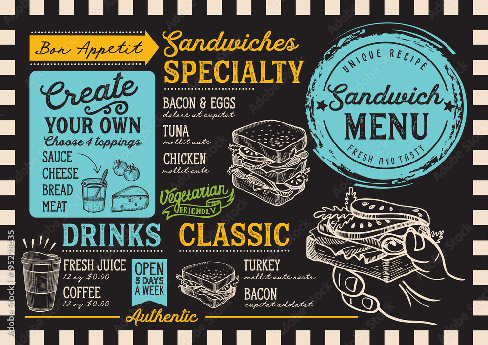 Sandwich restaurant menu. Vector food flyer for bar and cafe. Design ...
