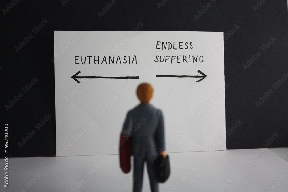 Plagát Euthanasia versus endless suffering concept with miniature man and arrows – Obraz na ...