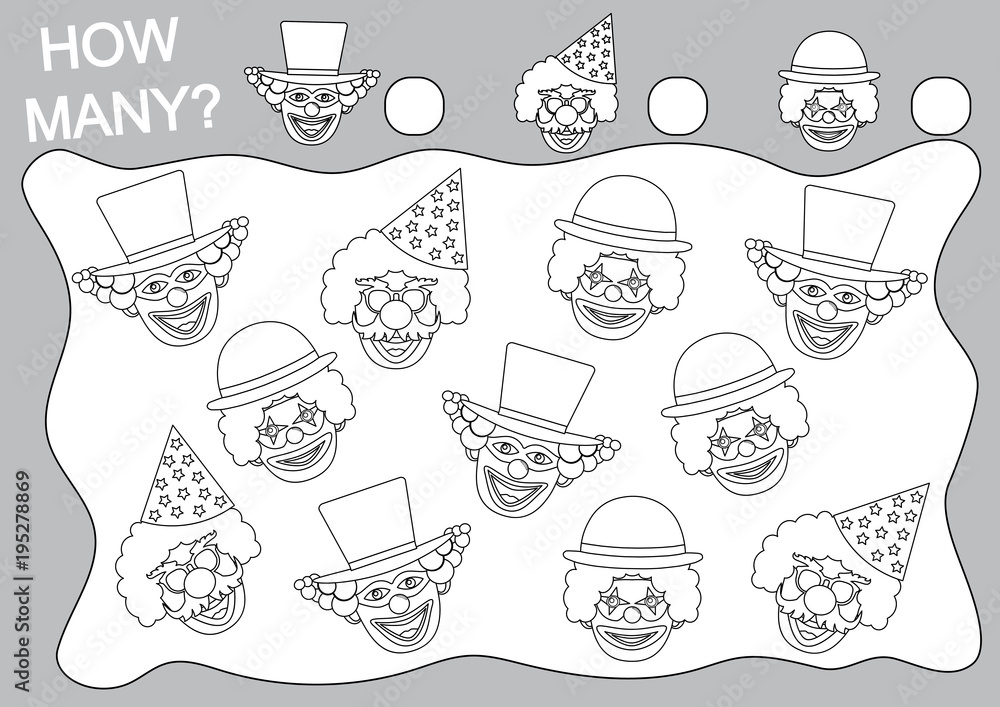 Color faces of clowns and count how many clowns. Vector illustration ...