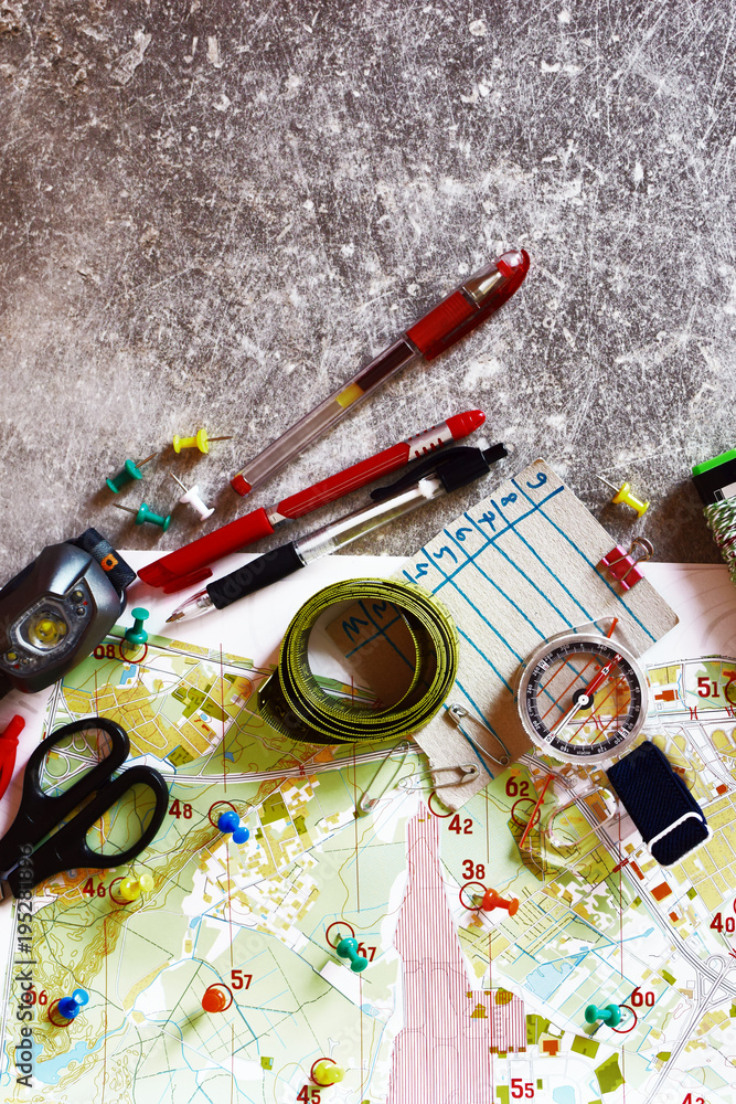 Top view of colorful topographic map for orienteering or rogaining ...