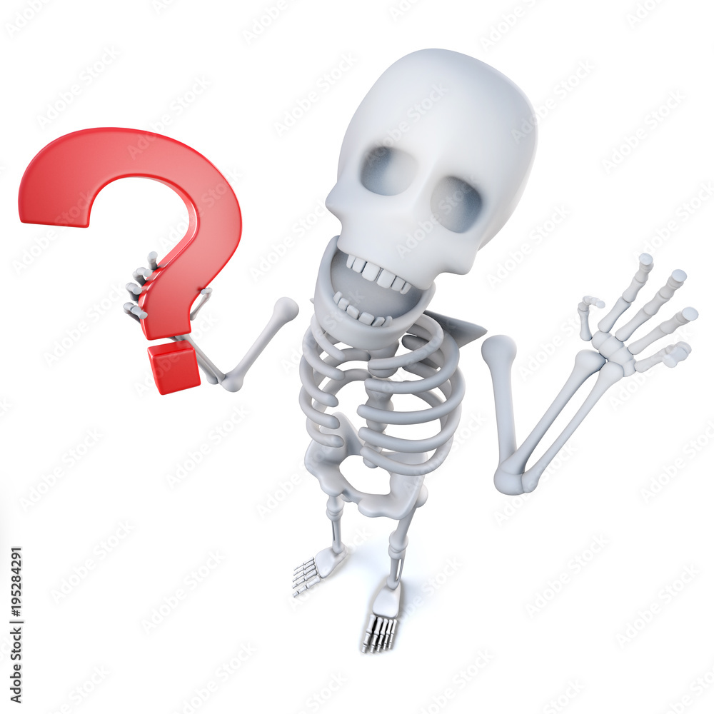 3d Funny cartoon skeleton character holding a question mark symbol ...