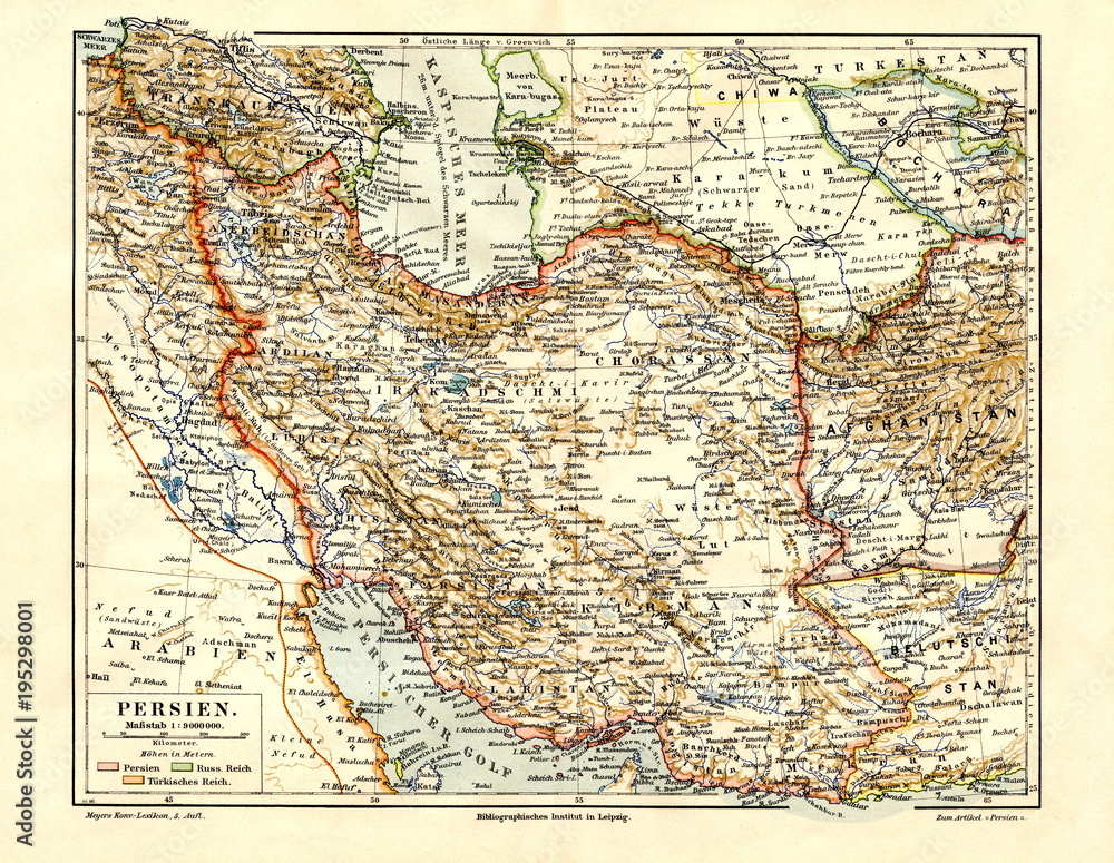 Map of Iran (Persia) ca. 1890 (from Meyers Lexikon, 1896, 13/682/683 ...