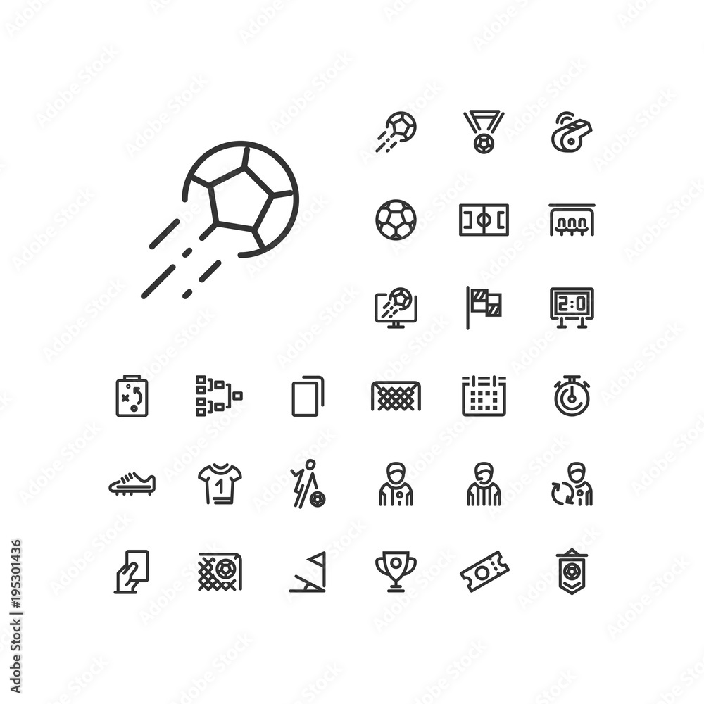 Kick ball icon in set on the white background. Soccer / football linear ...