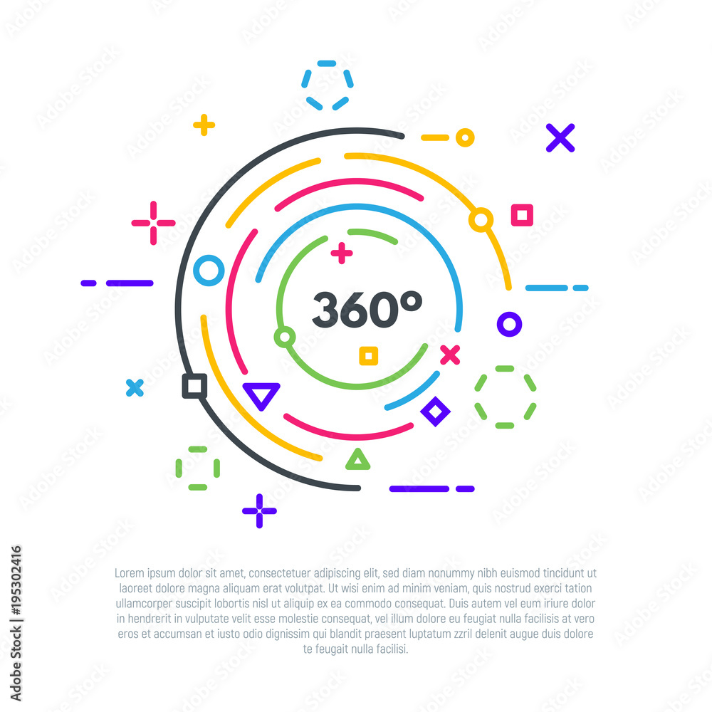 Linear banner concept. 360 degrees logo. VR or 360 video emblem. Flat ...