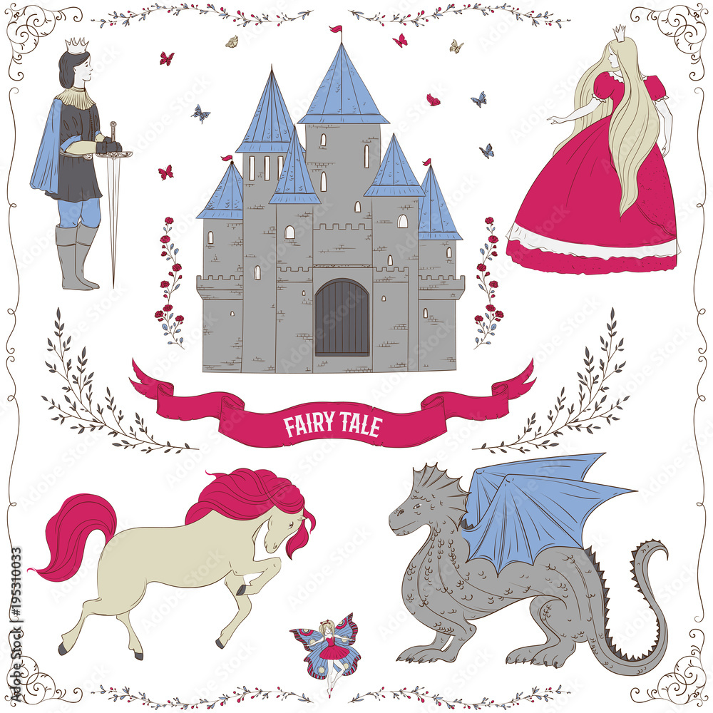 Fairy tale theme. Prince, princess, castle, dragon, fairy, horse ...