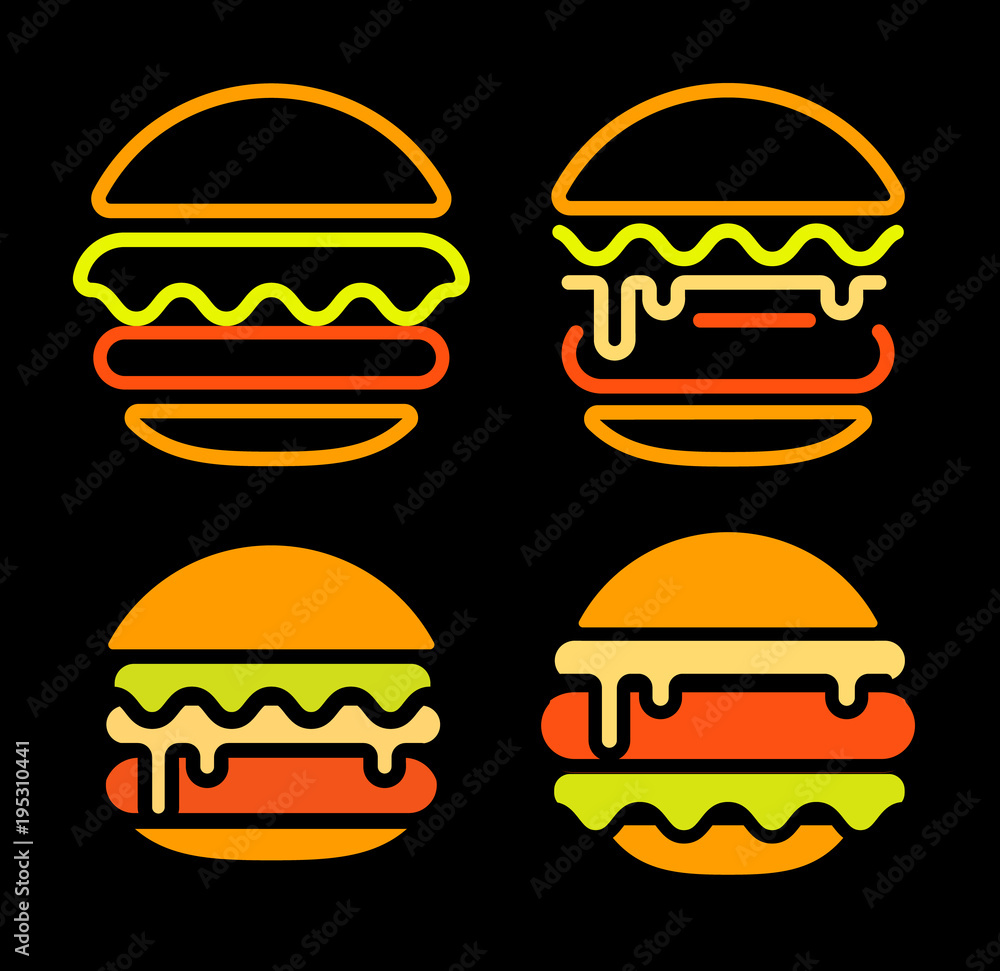 Burger abstract outline vector logo set template, fast food isolated ...