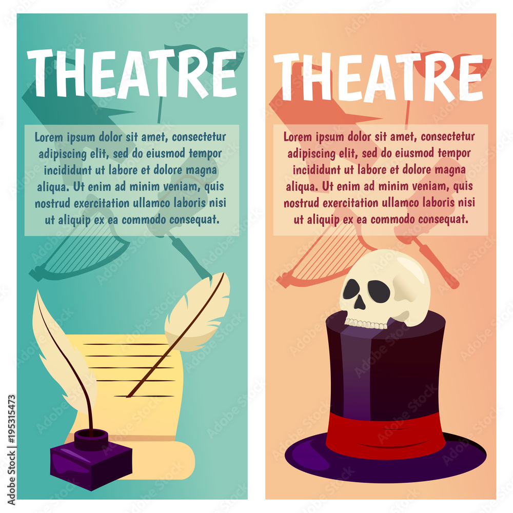 Vector banner with theatre icons. skull, lyre, lira, harp, feather ...
