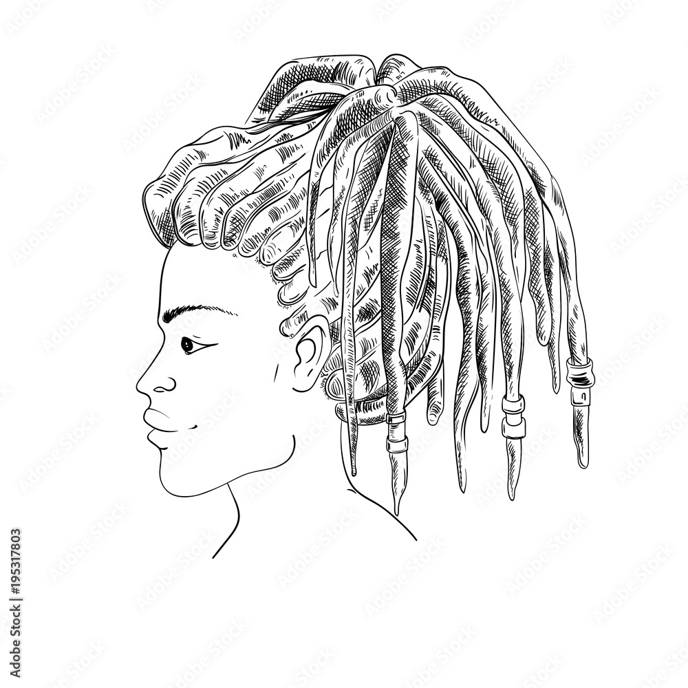 Portrait of woman with dreadlocks in profile. Isolated on white ...