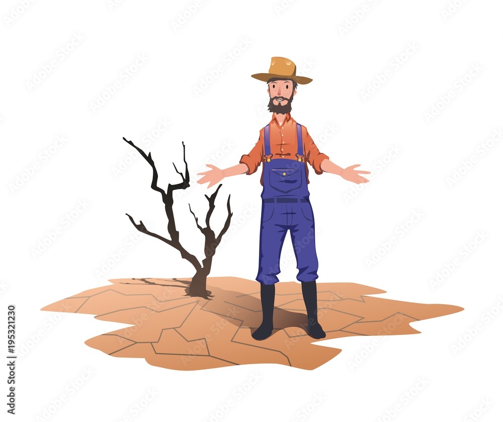 A farmer standing next to a dried dead tree. Concept on the theme of ...