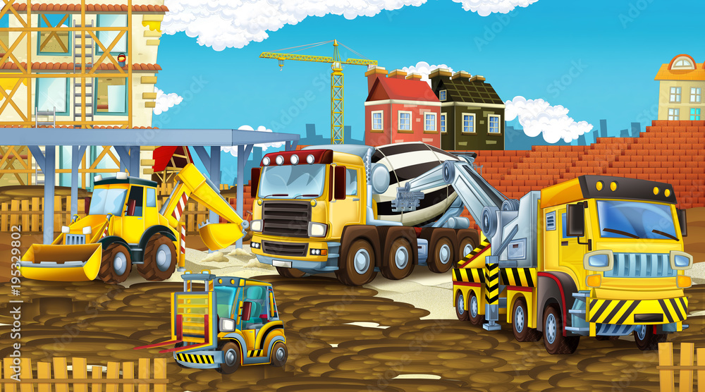 cartoon scene with different construction site vehicles - illustration ...