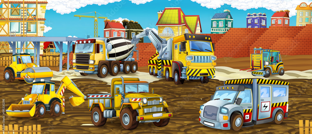 cartoon scene with different construction site vehicles - illustration ...