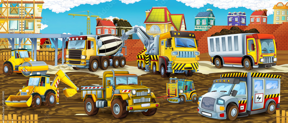 cartoon scene with different construction site vehicles - illustration ...