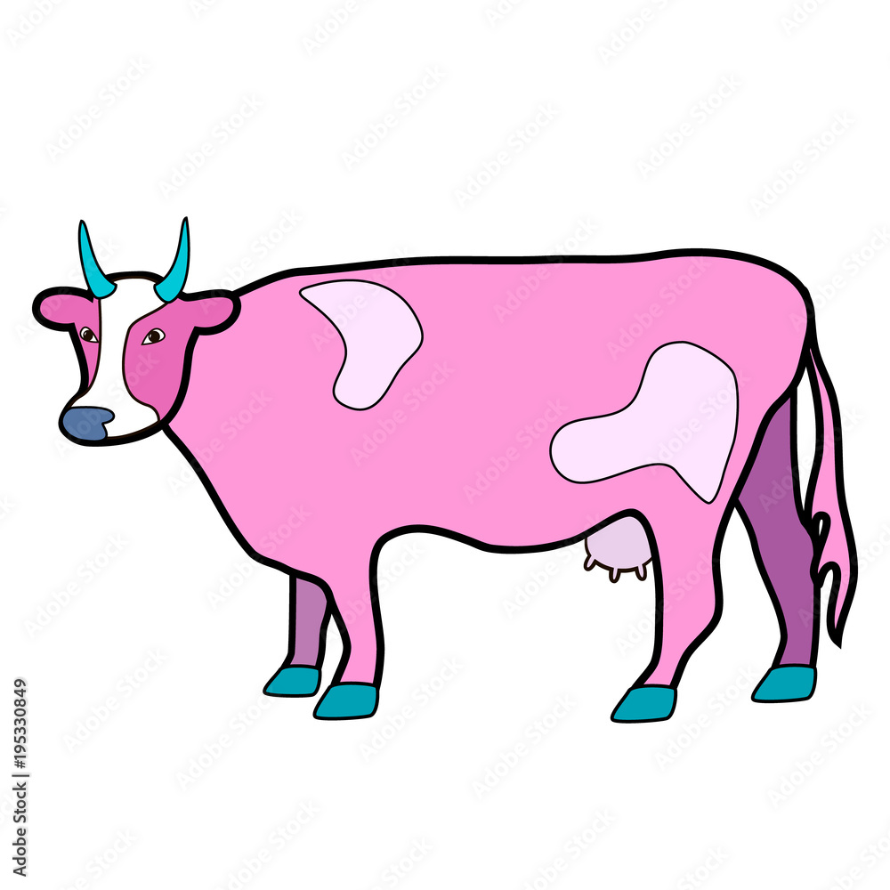 A cow with an udder. Illustration in pink tones. Isolated image on ...